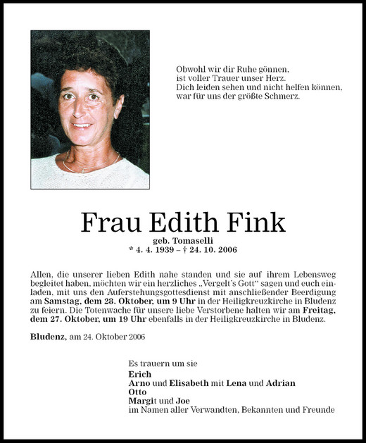 Todesanzeigen von Edith Fink | Todesanzeigen Vorarlberger Nachrichten