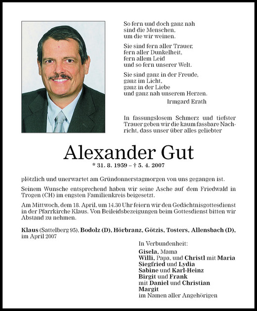Todesanzeigen von Alexander Gut | Todesanzeigen Vorarlberger Nachrichten