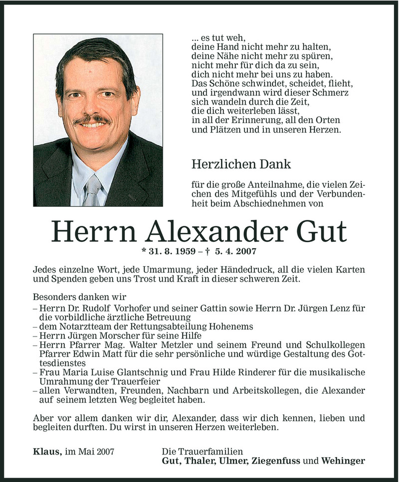 Todesanzeigen von Alexander Gut | Todesanzeigen Vorarlberger Nachrichten