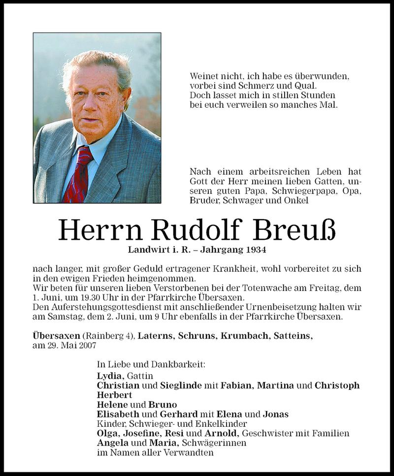 Todesanzeigen von Rudolf Breuß | Todesanzeigen Vorarlberger Nachrichten