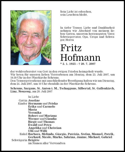 Todesanzeigen von Fritz Hofmann | Todesanzeigen Vorarlberger Nachrichten