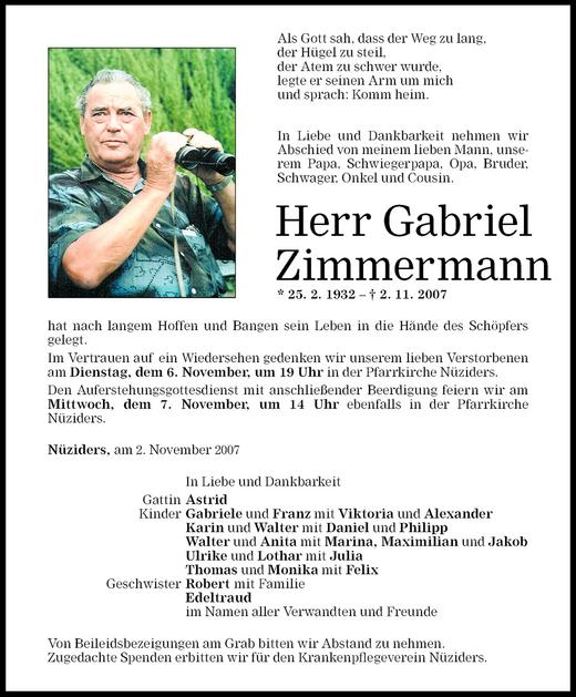 Todesanzeigen von Gabriel Zimmermann | Todesanzeigen Vorarlberger ...
