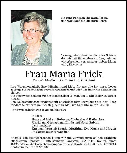 Todesanzeigen von Maria Frick | Todesanzeigen Vorarlberger Nachrichten