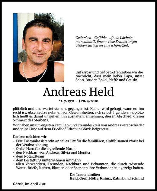 Todesanzeigen von Andreas Held | Todesanzeigen Vorarlberger Nachrichten