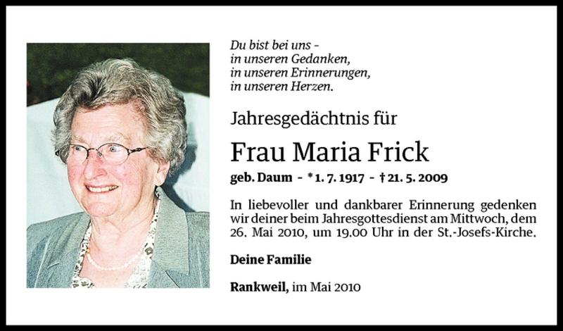 Todesanzeigen von Maria Frick | Todesanzeigen Vorarlberger Nachrichten