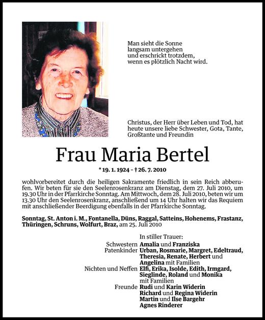 Todesanzeigen von Maria Bertel | Todesanzeigen Vorarlberger Nachrichten