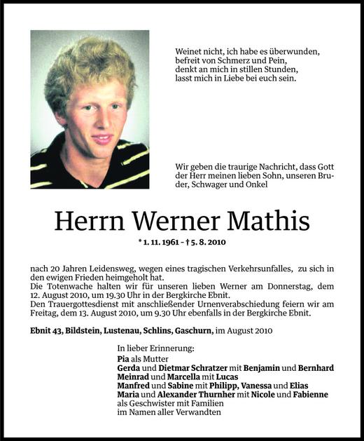 Todesanzeigen von Werner Mathis | Todesanzeigen Vorarlberger Nachrichten