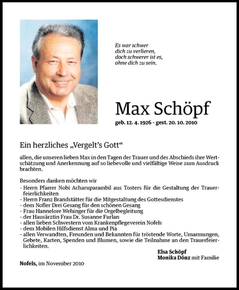Todesanzeigen von Max Schöpf | Todesanzeigen Vorarlberger Nachrichten