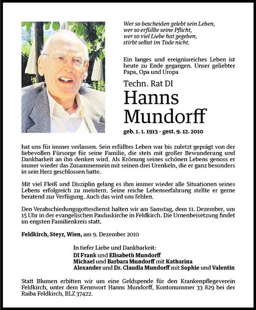 Todesanzeigen von Hanns Mundorff | Todesanzeigen Vorarlberger Nachrichten