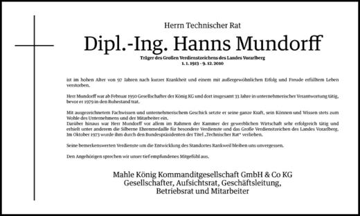 Todesanzeigen von Hanns Mundorff | Todesanzeigen Vorarlberger Nachrichten