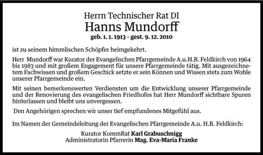 Todesanzeigen von Hanns Mundorff | Todesanzeigen Vorarlberger Nachrichten