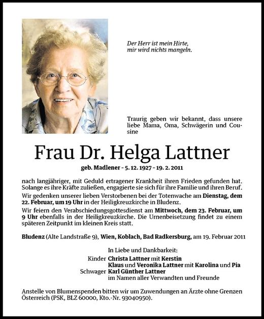 Todesanzeigen von Dr. Helga Lattner | Todesanzeigen Vorarlberger ...