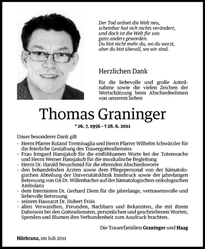 Todesanzeigen von Thomas Graninger | Todesanzeigen Vorarlberger Nachrichten