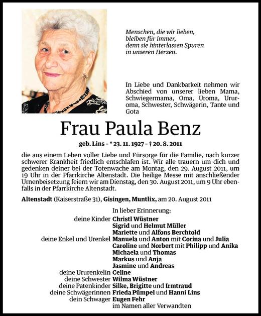Todesanzeigen von Paula Benz | Todesanzeigen Vorarlberger Nachrichten