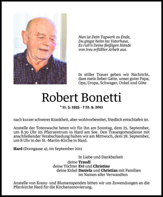 Todesanzeigen von Robert Bonetti | Todesanzeigen Vorarlberger Nachrichten