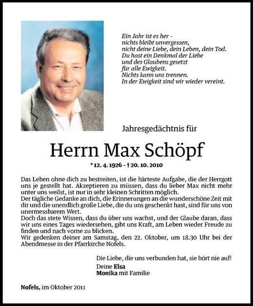 Todesanzeigen von Max Schöpf | Todesanzeigen Vorarlberger Nachrichten