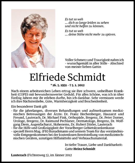 Todesanzeigen von Elfriede Schmidt | Todesanzeigen Vorarlberger Nachrichten
