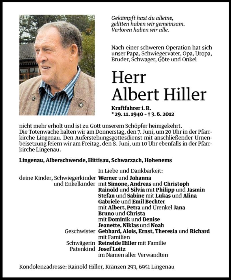 Todesanzeigen von Albert Hiller | Todesanzeigen Vorarlberger Nachrichten