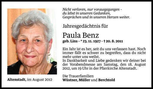 Todesanzeigen von Paula Benz | Todesanzeigen Vorarlberger Nachrichten
