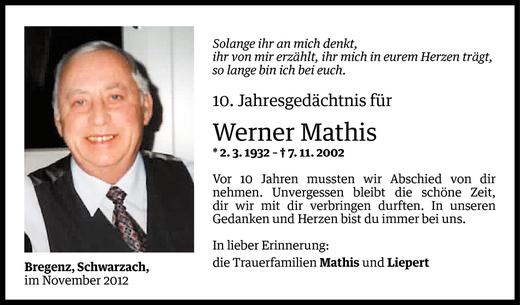 Todesanzeigen von Werner Mathis | Todesanzeigen Vorarlberger Nachrichten