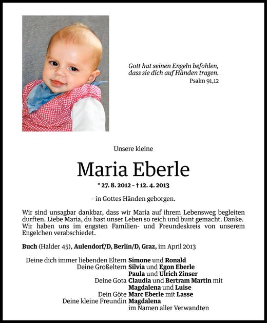 Todesanzeigen von Maria Eberle | Todesanzeigen Vorarlberger Nachrichten