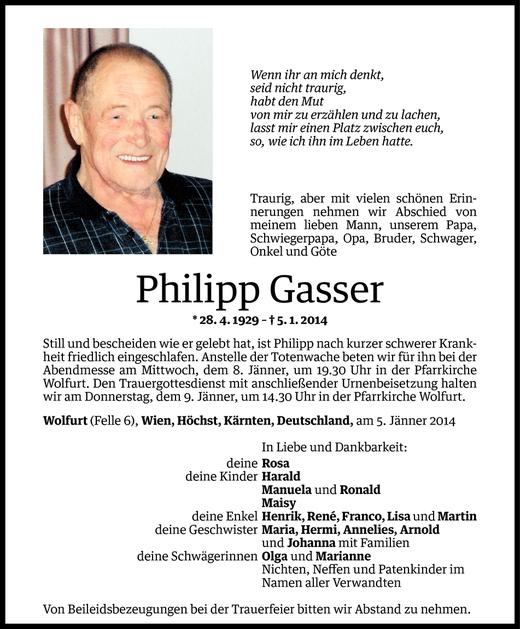 Todesanzeigen von Philipp Gasser | Todesanzeigen Vorarlberger Nachrichten