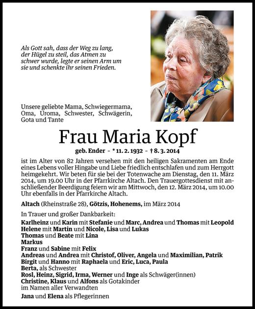Todesanzeigen von Maria Kopf | Todesanzeigen Vorarlberger Nachrichten