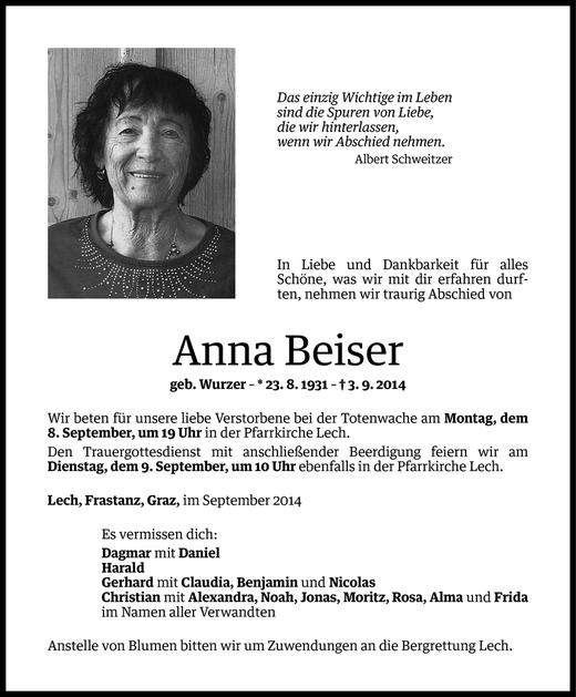 Todesanzeigen von Anna Beiser | Todesanzeigen Vorarlberger Nachrichten