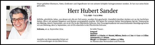 Todesanzeigen von Hubert Sander | Todesanzeigen Vorarlberger Nachrichten