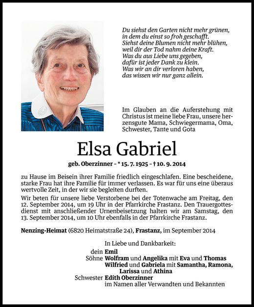 Todesanzeigen von Elsa Gabriel | Todesanzeigen Vorarlberger Nachrichten