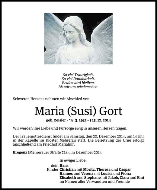Todesanzeigen von Maria Gort | Todesanzeigen Vorarlberger Nachrichten