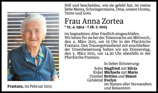Todesanzeigen von Anna Zortea | Todesanzeigen Vorarlberger Nachrichten