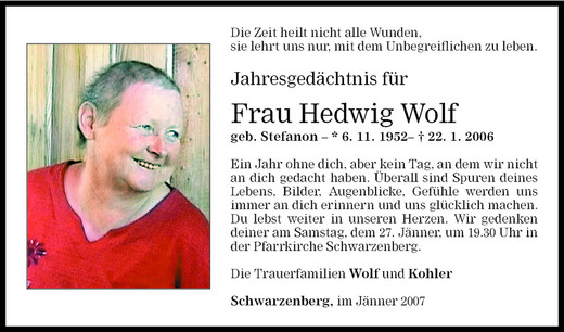 Todesanzeigen von Hedwig Wolf | Todesanzeigen Vorarlberger Nachrichten