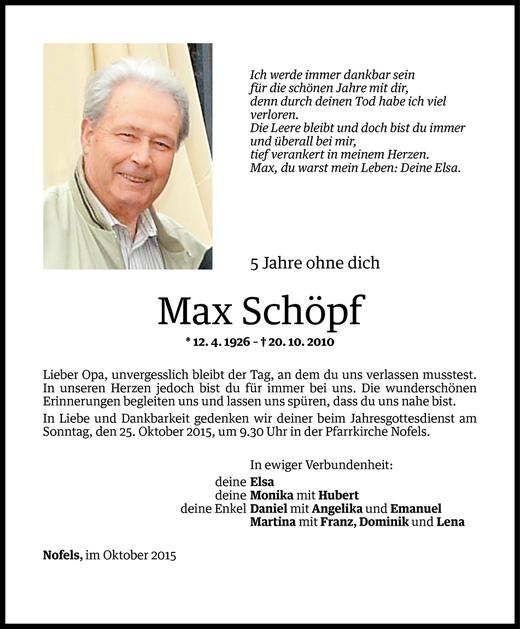 Todesanzeigen von Max Schöpf | Todesanzeigen Vorarlberger Nachrichten