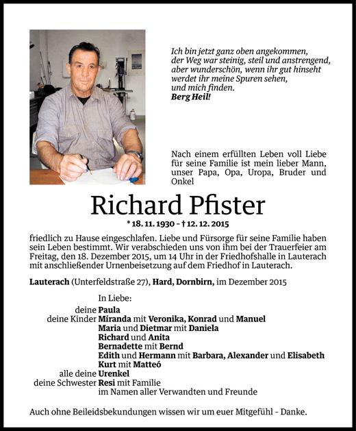 Todesanzeigen von Richard Pfister | Todesanzeigen Vorarlberger Nachrichten
