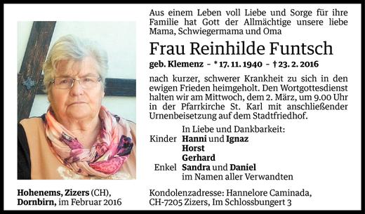 Todesanzeigen von Reinhilde Funtsch | Todesanzeigen Vorarlberger ...
