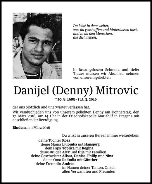 Todesanzeigen von Danijel Mitrovic | Todesanzeigen Vorarlberger Nachrichten