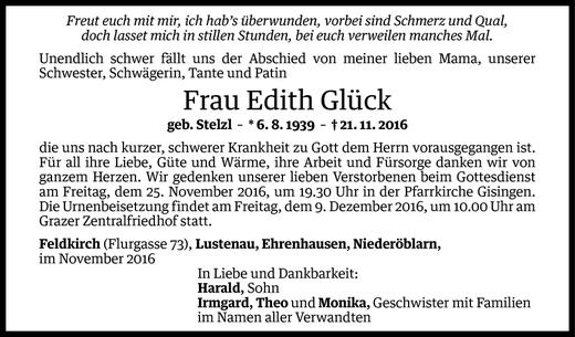 Todesanzeigen von Edith Glück | Todesanzeigen Vorarlberger Nachrichten