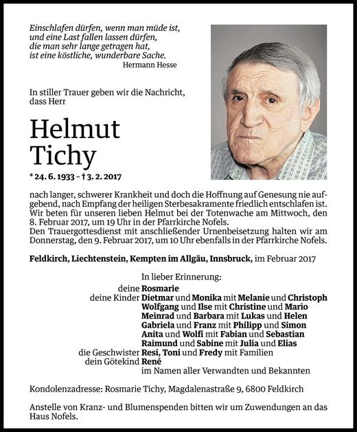 Todesanzeigen von Helmut Tichy | Todesanzeigen Vorarlberger Nachrichten
