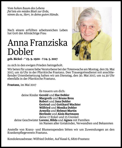 Todesanzeigen von Anna Dobler | Todesanzeigen Vorarlberger Nachrichten