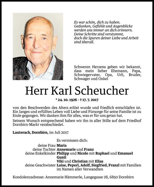 Todesanzeigen von Karl Scheucher | Todesanzeigen Vorarlberger Nachrichten