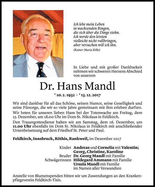 Todesanzeigen von Hans Mandl | Todesanzeigen Vorarlberger Nachrichten