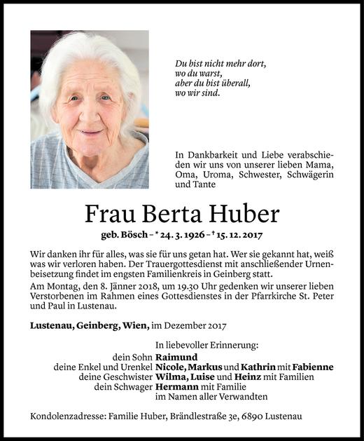 Todesanzeigen von Berta Huber | Todesanzeigen Vorarlberger Nachrichten