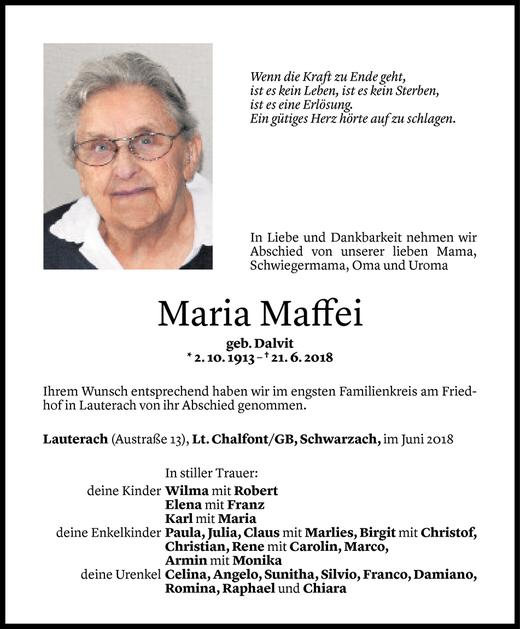 Todesanzeigen von Maria Maffei | Todesanzeigen Vorarlberger Nachrichten