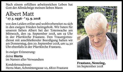Todesanzeigen von Albert Matt | Todesanzeigen Vorarlberger Nachrichten
