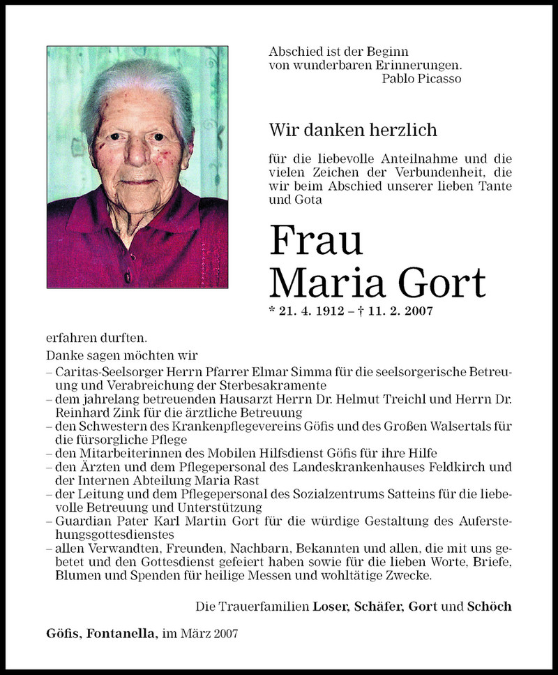 Todesanzeigen von Maria Gort | Todesanzeigen Vorarlberger Nachrichten