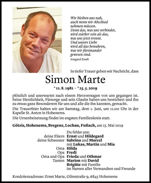 Todesanzeigen von Simon Marte | Todesanzeigen Vorarlberger Nachrichten