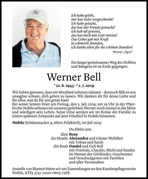 Todesanzeigen von Werner Bell | Todesanzeigen Vorarlberger Nachrichten