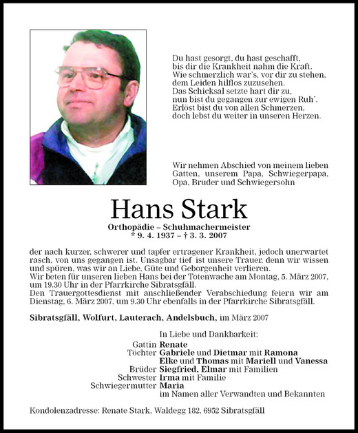 Todesanzeigen von Hans Stark | Todesanzeigen Vorarlberger Nachrichten