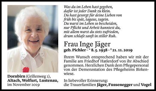 Todesanzeigen von Inge Jäger | Todesanzeigen Vorarlberger Nachrichten